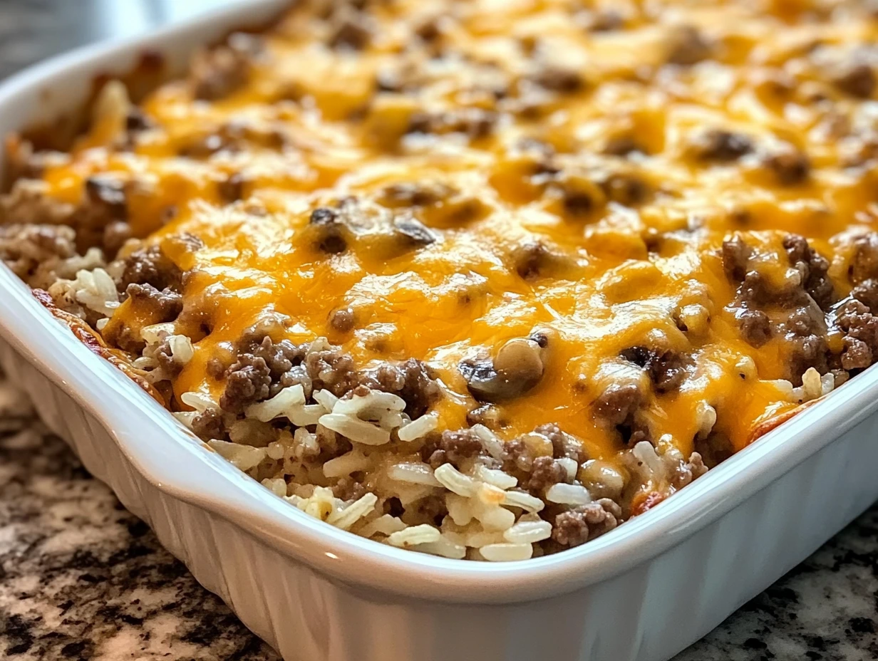 Cheesy Hamburger Rice Casserole - JuicyTable
