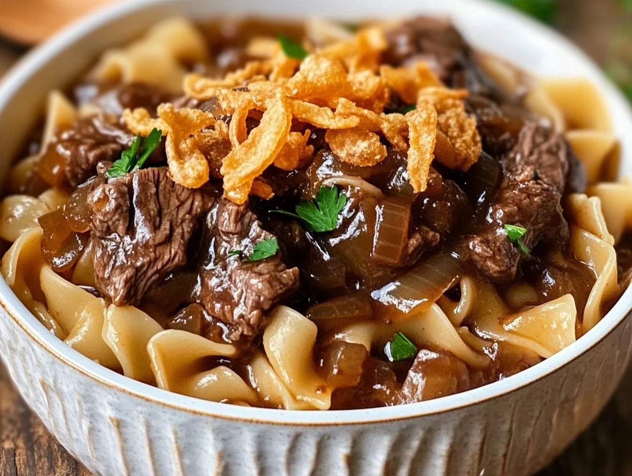 French Onion Beef and Noodles - JuicyTable