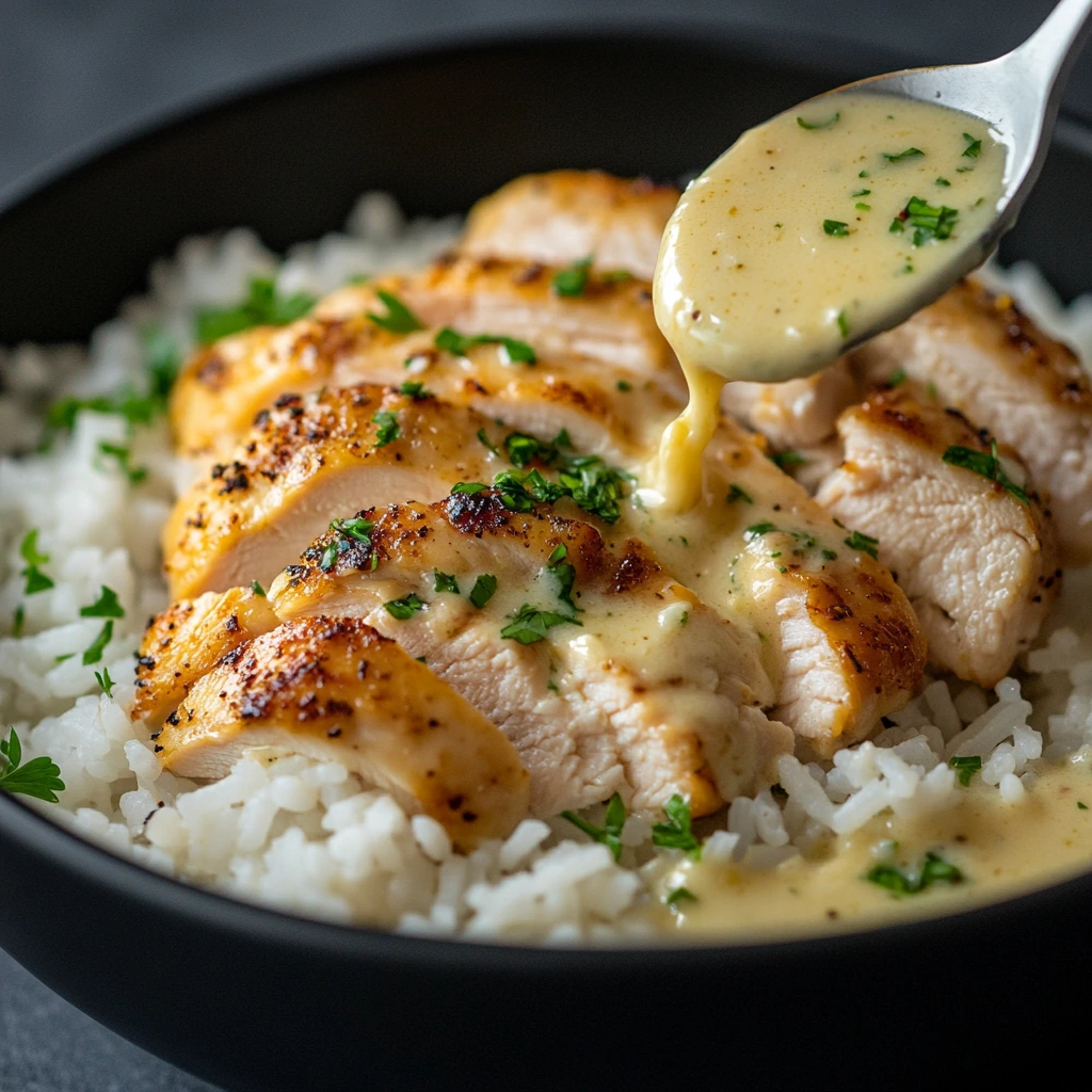 Chicken & Rice Bowls with Creamy Garlic Sauce - JuicyTable