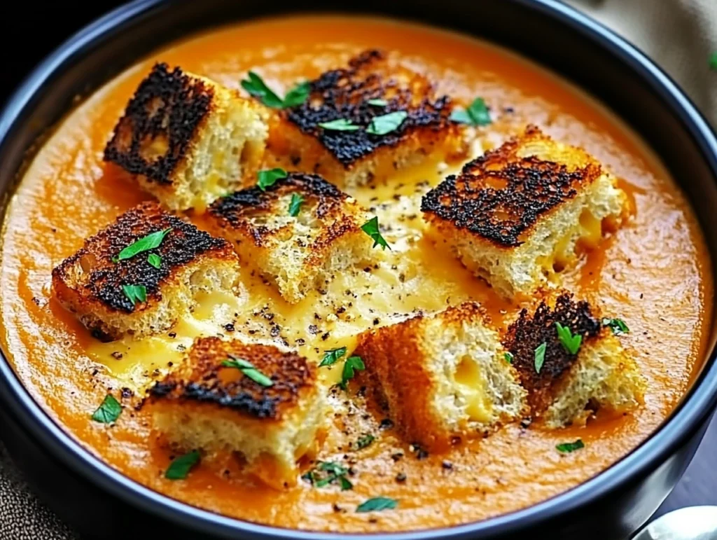 Creamy Tomato Bisque with Grilled Cheese Croutons - JuicyTable