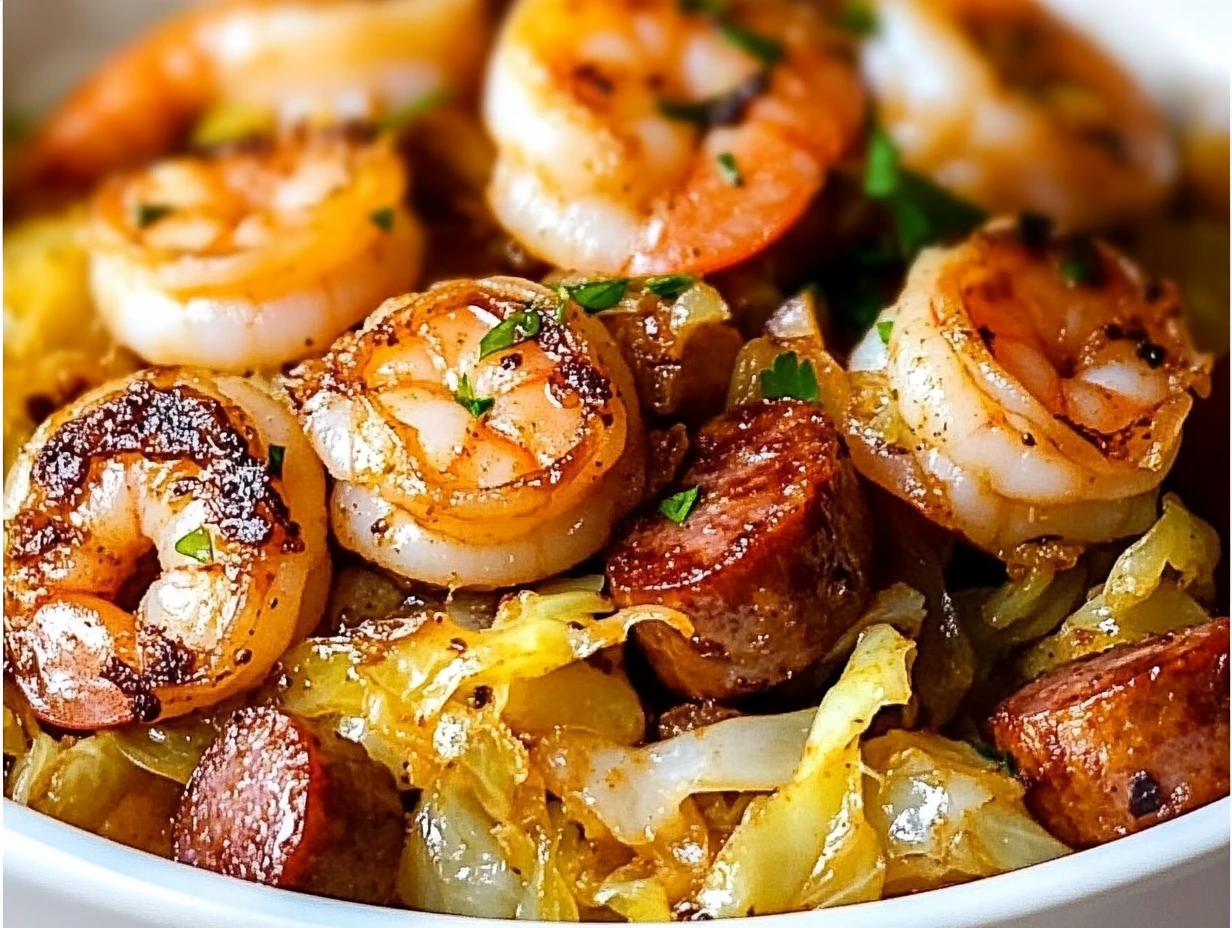 Fried Cabbage with Shrimp & Sausage - JuicyTable