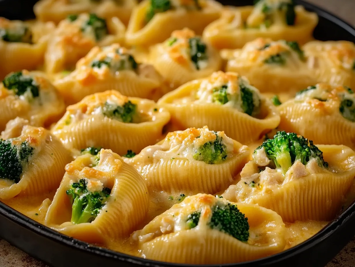 Cheesy Chicken & Broccoli Stuffed Shells - JuicyTable