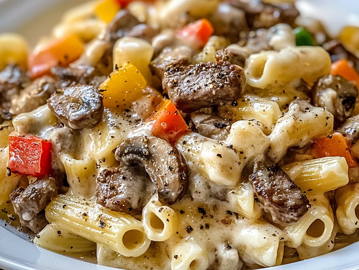 Savory Philly Cheesesteak Pasta with Creamy Provolone Cheese Sauce ...