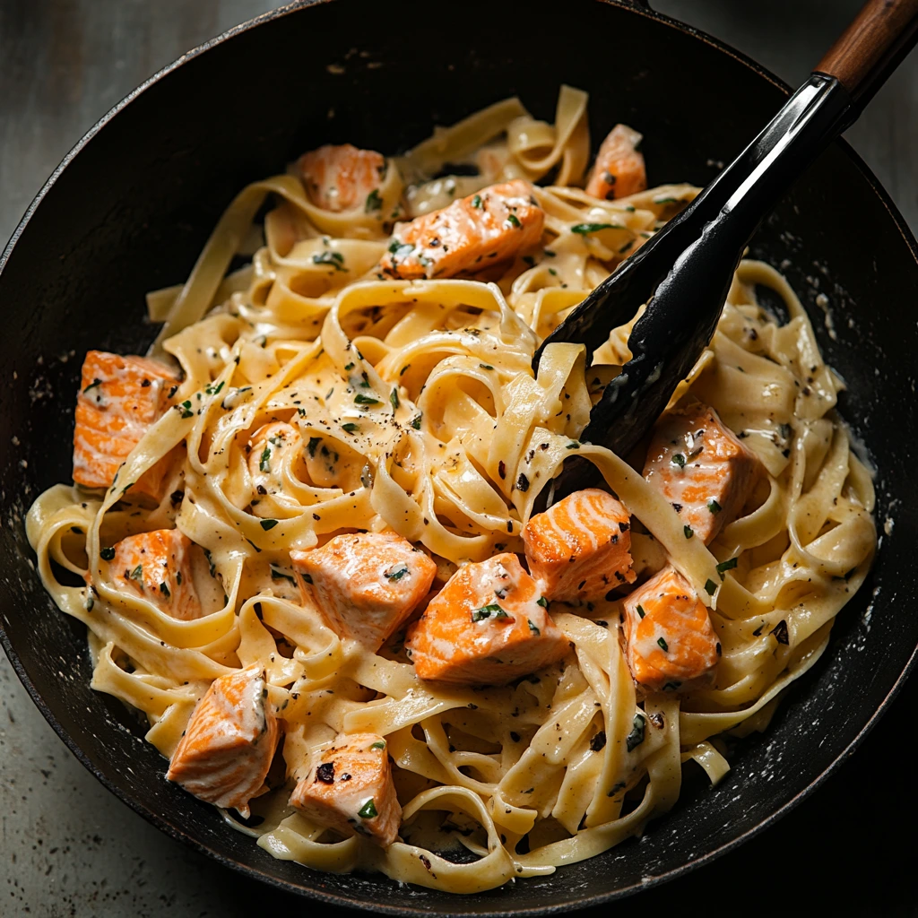 Easy Creamy Garlic Salmon Pasta - JuicyTable
