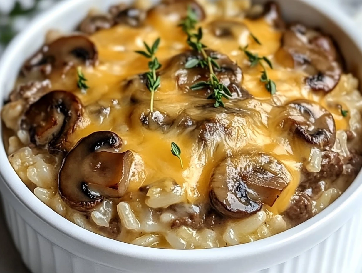 Creamy Beef Mushroom Rice Bake - JuicyTable